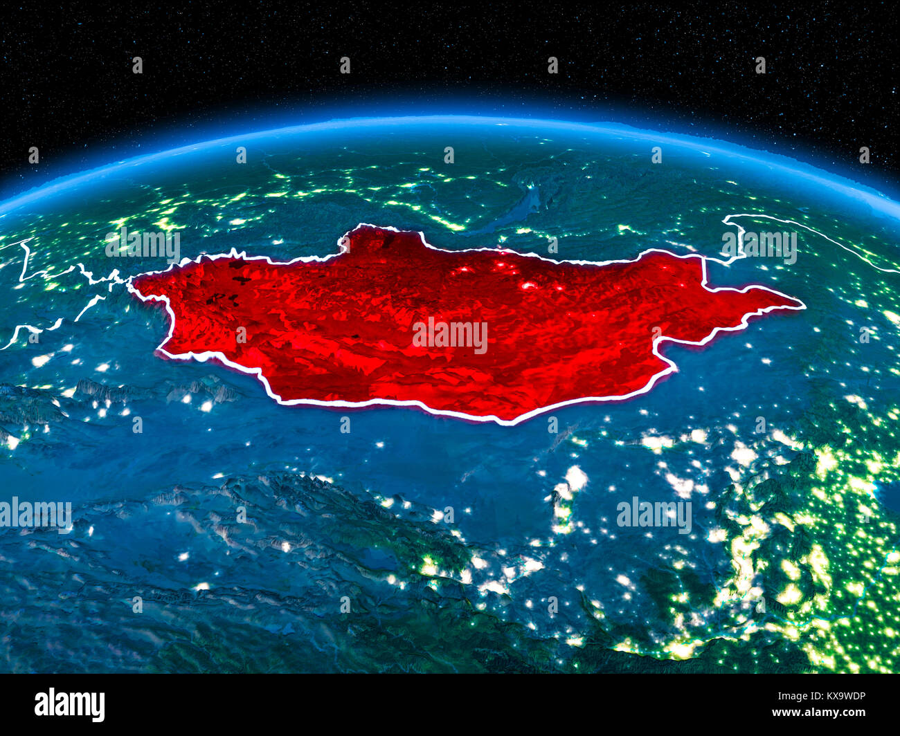 Orbit view of Mongolia highlighted in red with visible borderlines and city lights on planet ...