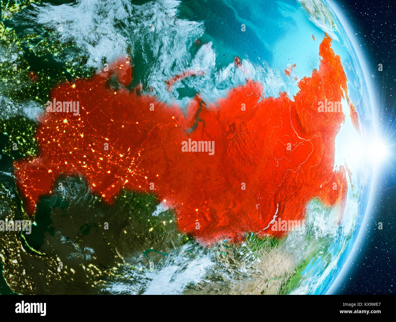 Russia from orbit of planet Earth with clouds during sunrise with ...