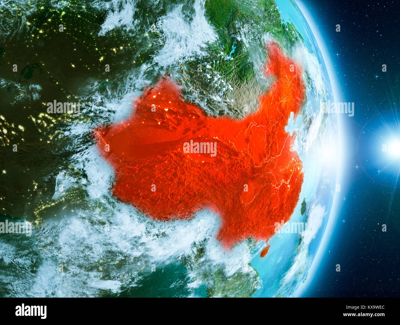 China from orbit of planet Earth with clouds during sunrise with highly ...