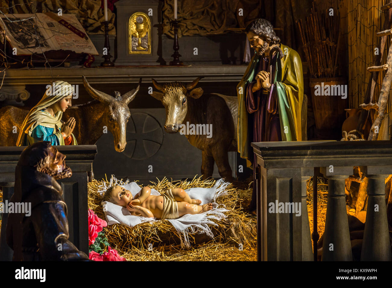 Christmas Nativity scene with The Holy Child, The Blessed Virgin Mary ...