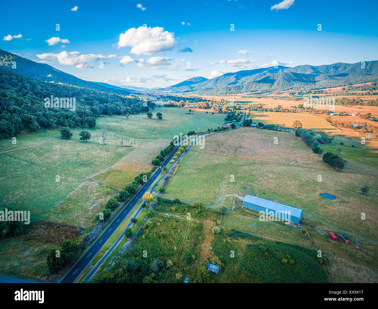 Aerial view of Kiewa Valley Highway at sunset. Victoria, Australia ...