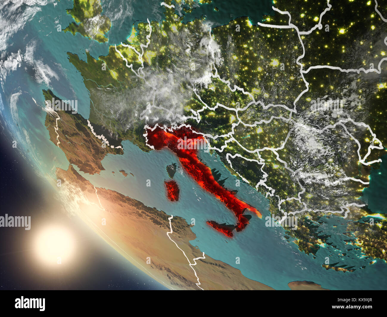 Illustration of Italy as seen from Earth’s orbit during sunset with ...