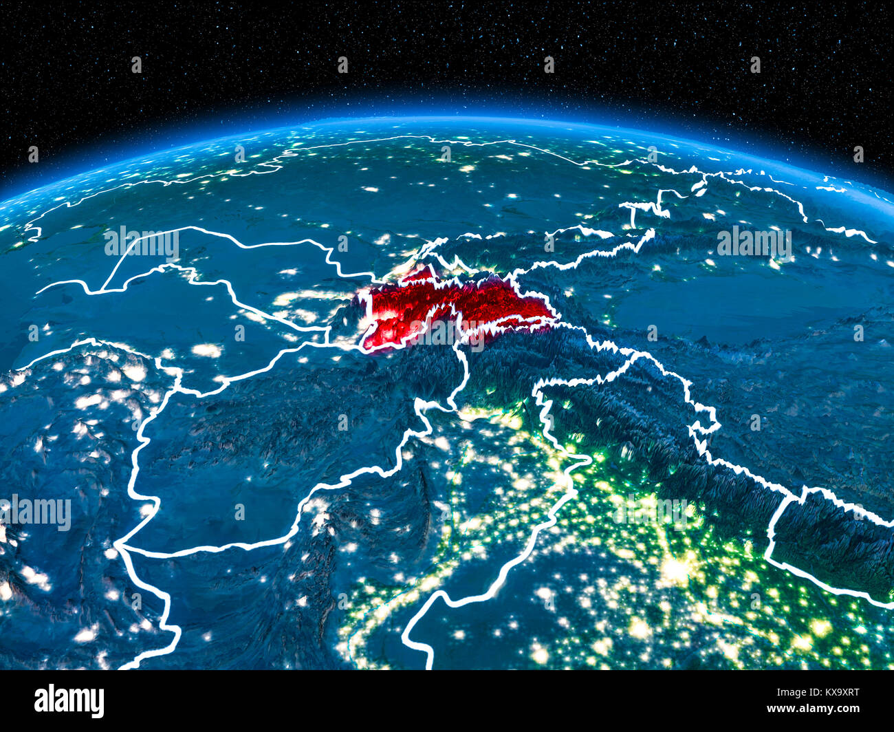 Orbit view of Tajikistan highlighted in red with visible borderlines and city lights on planet ...
