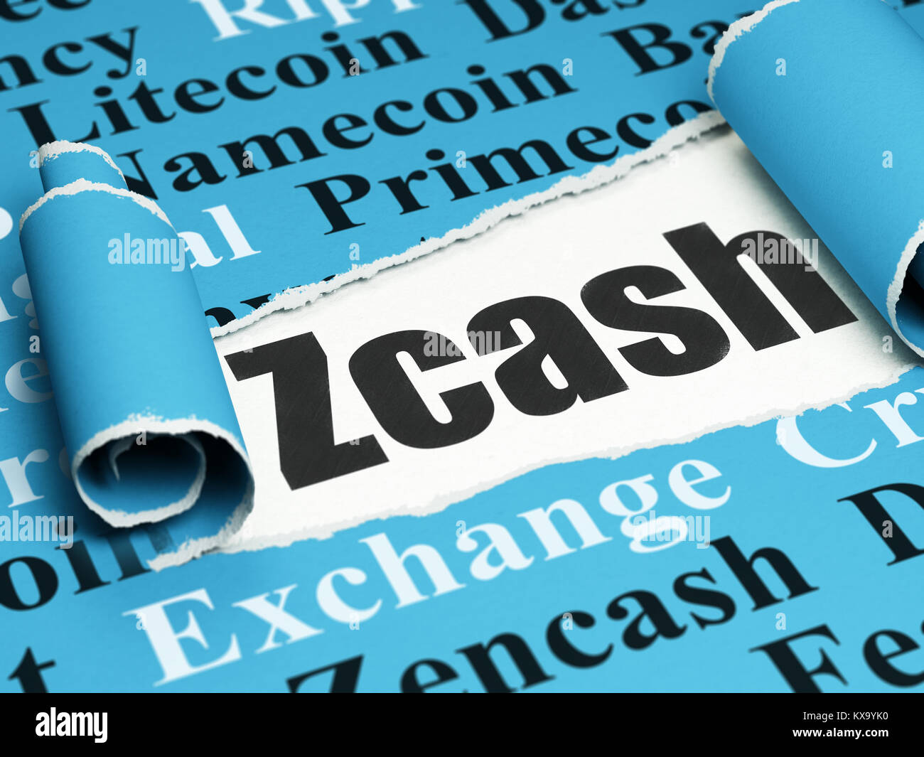 Blockchain concept: black text Zcash under the piece of torn paper ...