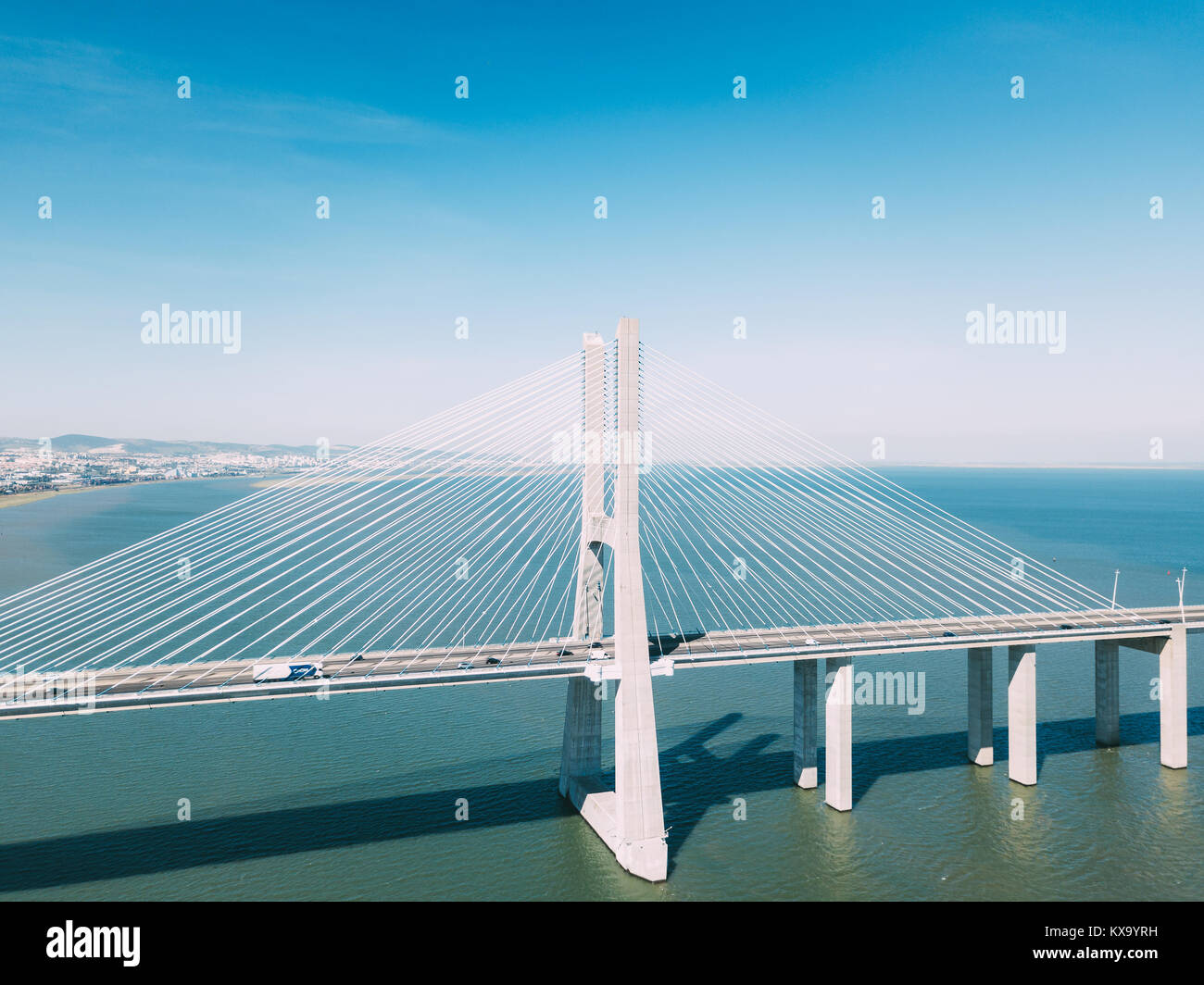 Aerial View Of Vasco da Gama Bridge And High Car Traffic In Lisbon City ...