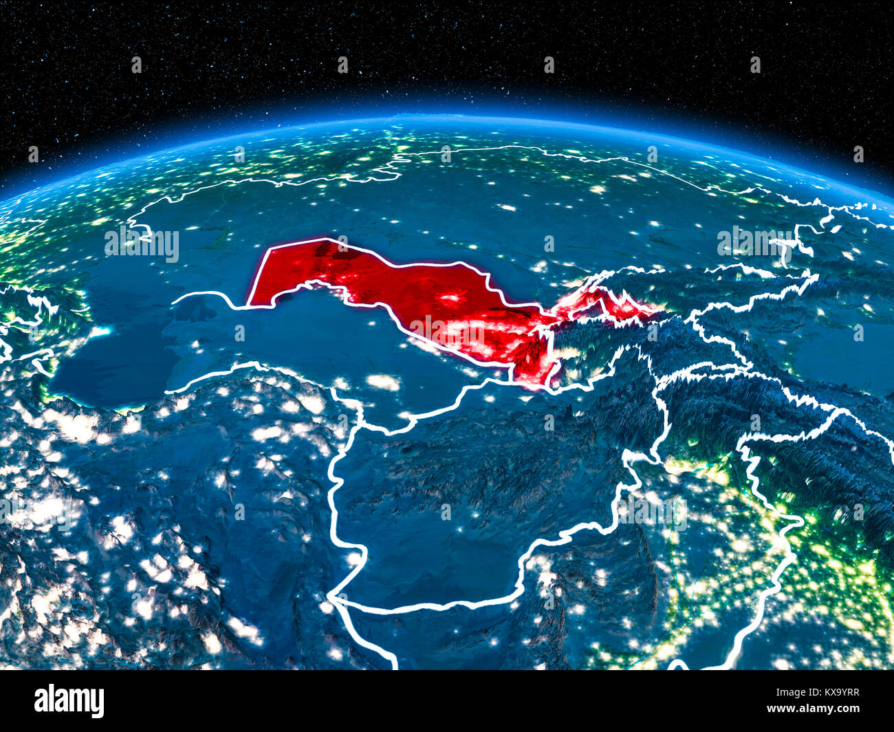 Orbit view of Uzbekistan highlighted in red with visible borderlines and city lights on planet ...