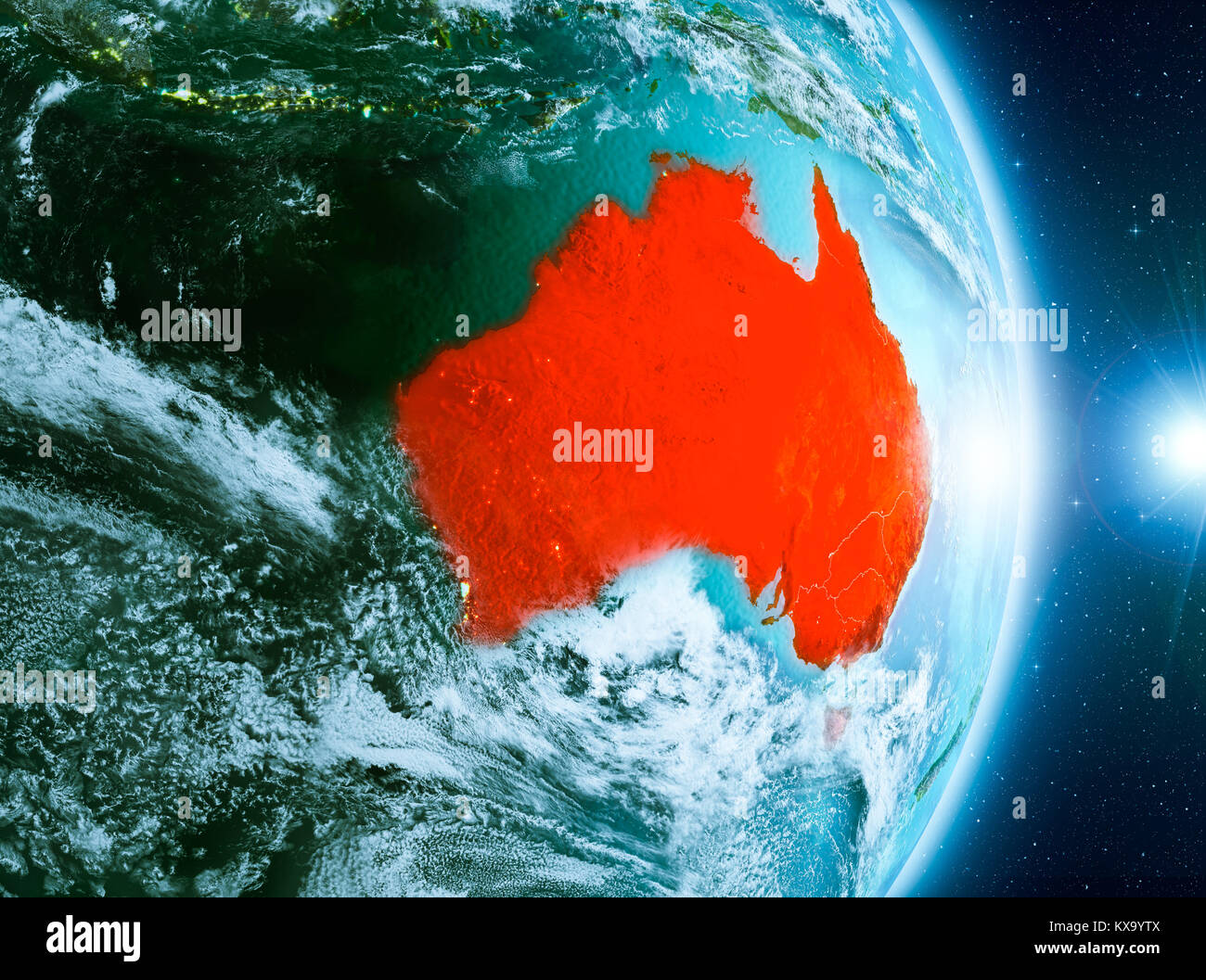 Australia from orbit of planet Earth with clouds during sunrise with ...