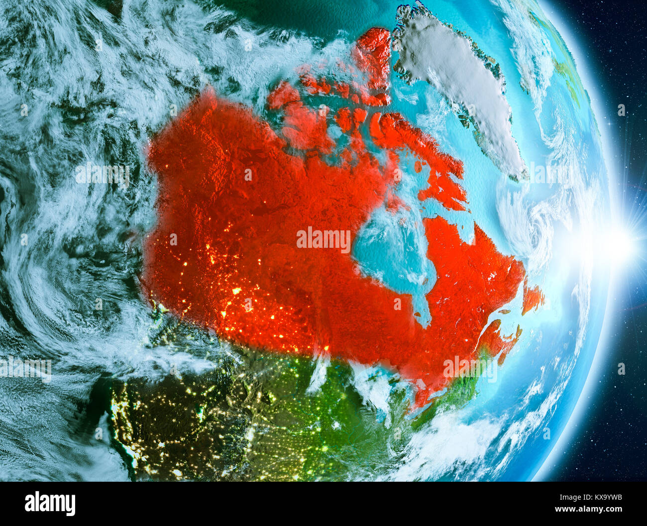 Canada from orbit of planet Earth with clouds during sunrise with ...