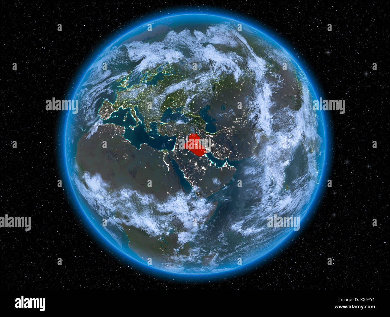 Night view of Iraq highlighted in red on planet Earth with atmosphere and clouds. 3D ...