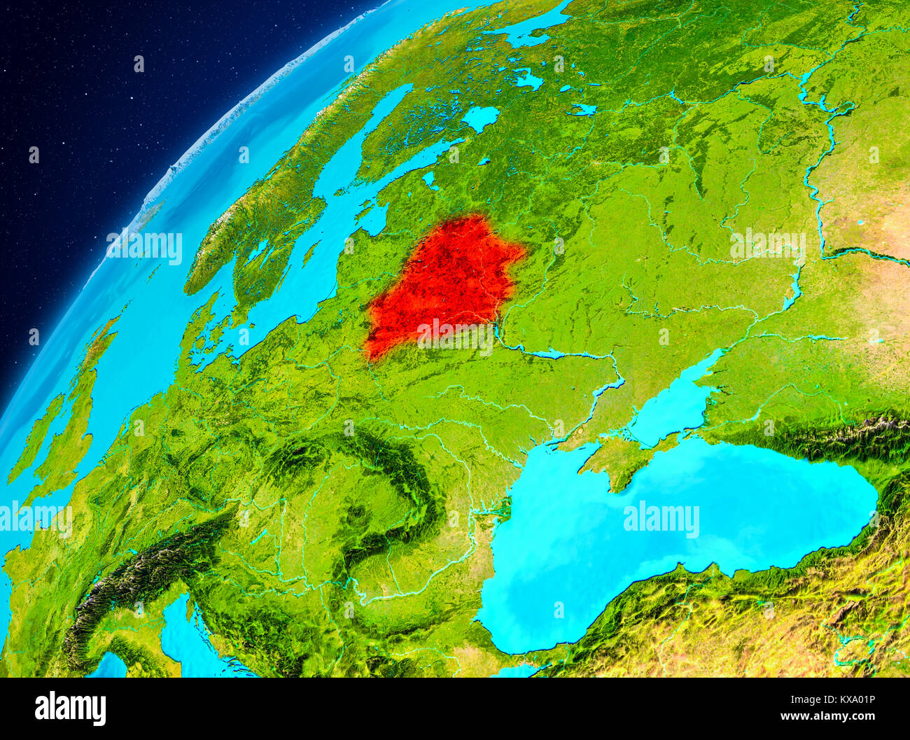 Orbit view of Belarus highlighted in red on planet Earth. 3D illustration. Elements of this ...