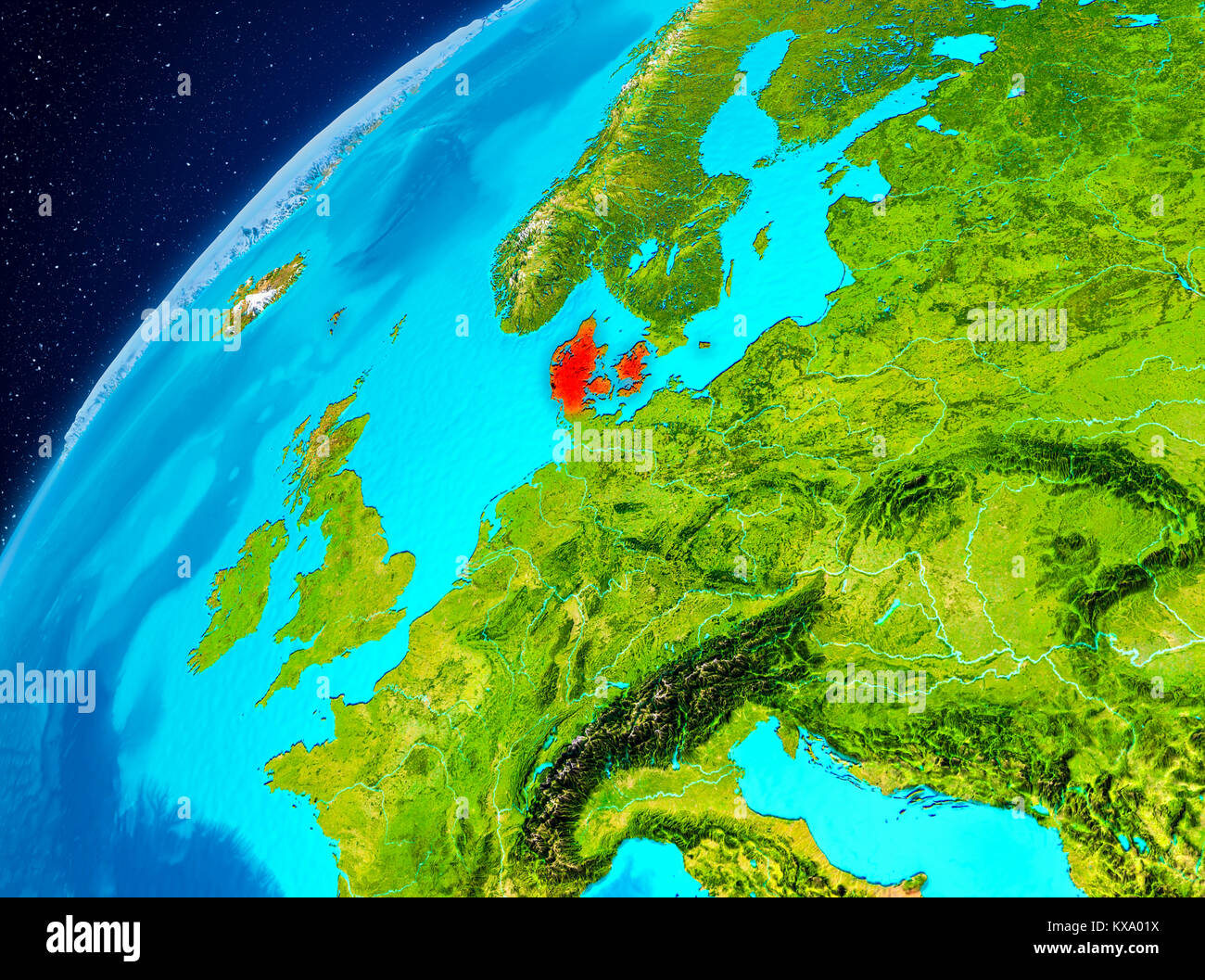 Orbit view of Denmark highlighted in red on planet Earth. 3D illustration. Elements of this ...