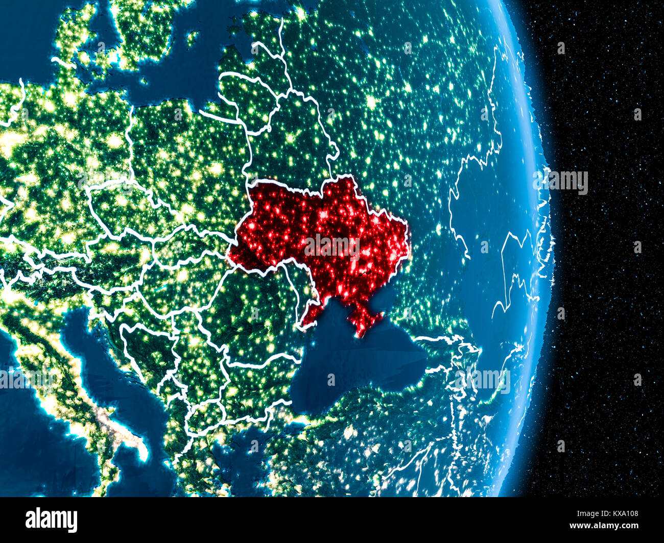 Ukraine from orbit of planet Earth at night with visible borderlines ...