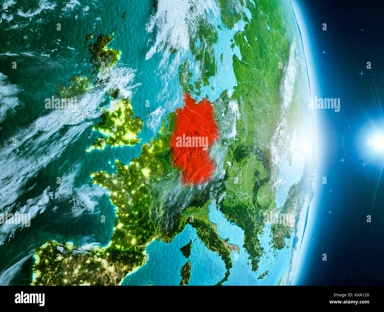 Germany from orbit of planet Earth with clouds during sunrise with ...