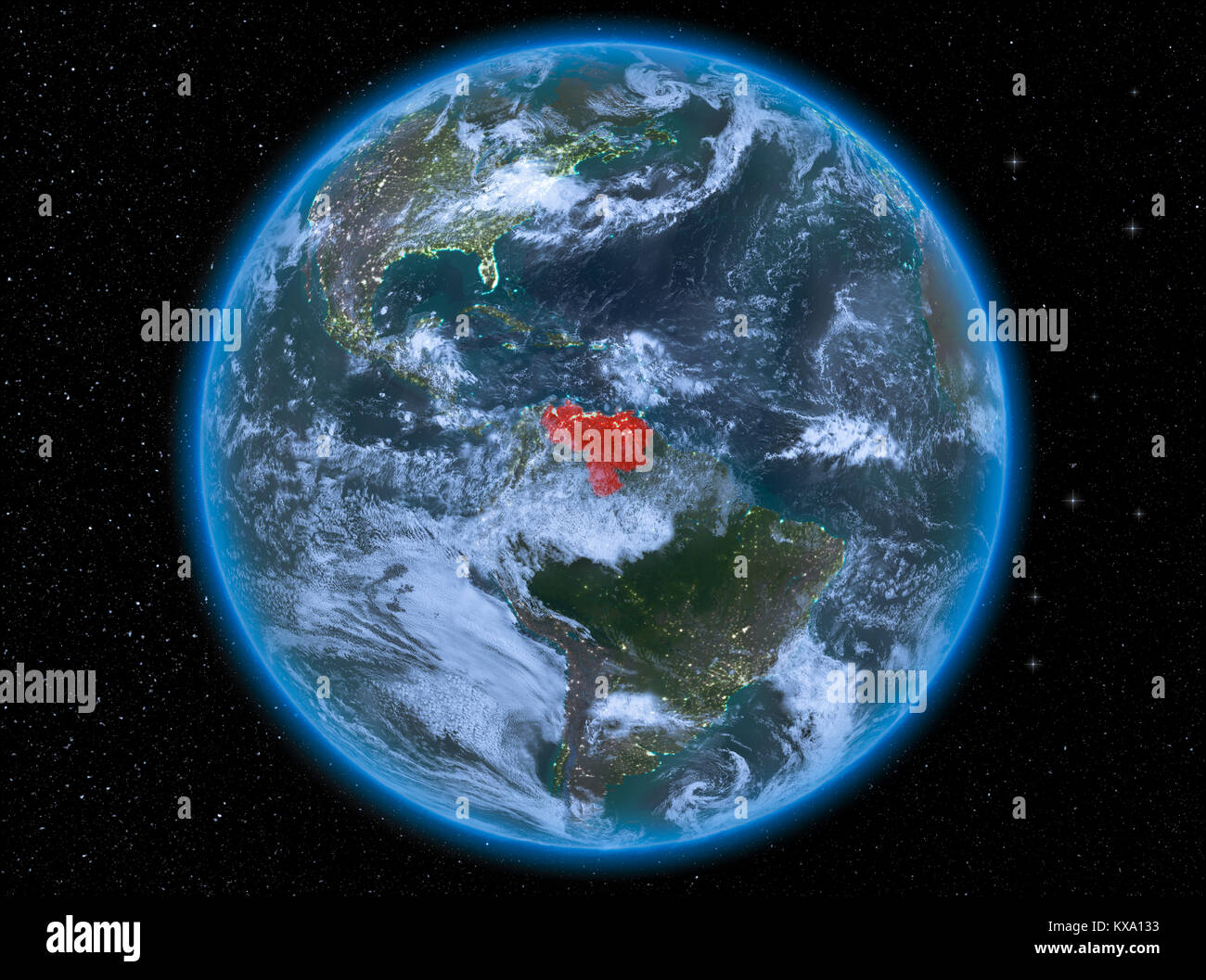 Night view of Venezuela highlighted in red on planet Earth with ...
