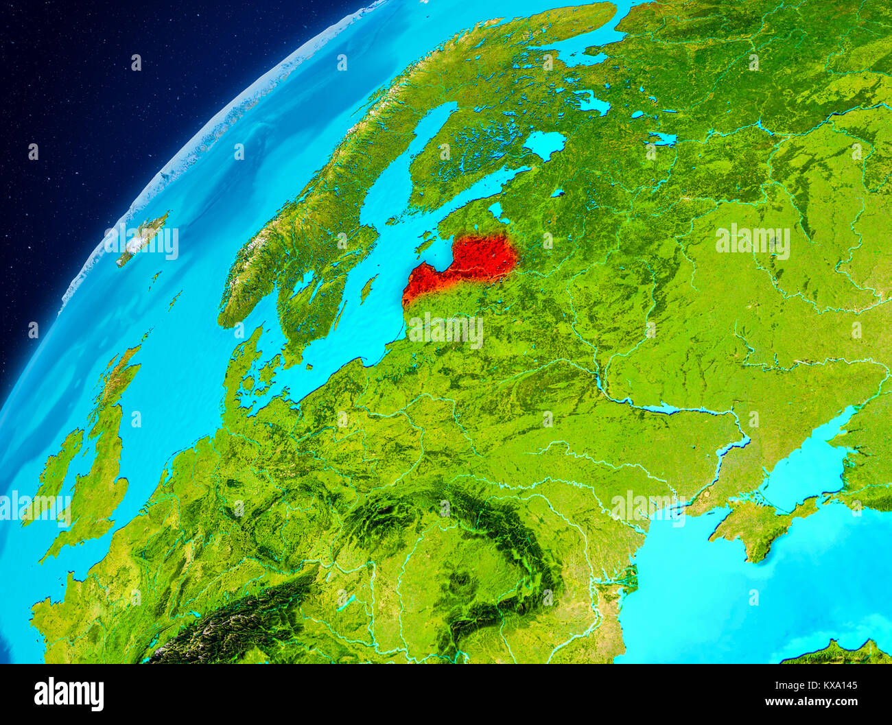 Orbit view of Latvia highlighted in red on planet Earth. 3D illustration. Elements of this image ...