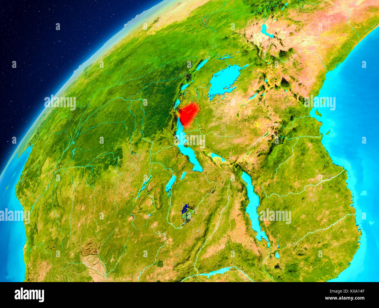 Orbit view of Burundi highlighted in red on planet Earth. 3D illustration. Elements of this ...