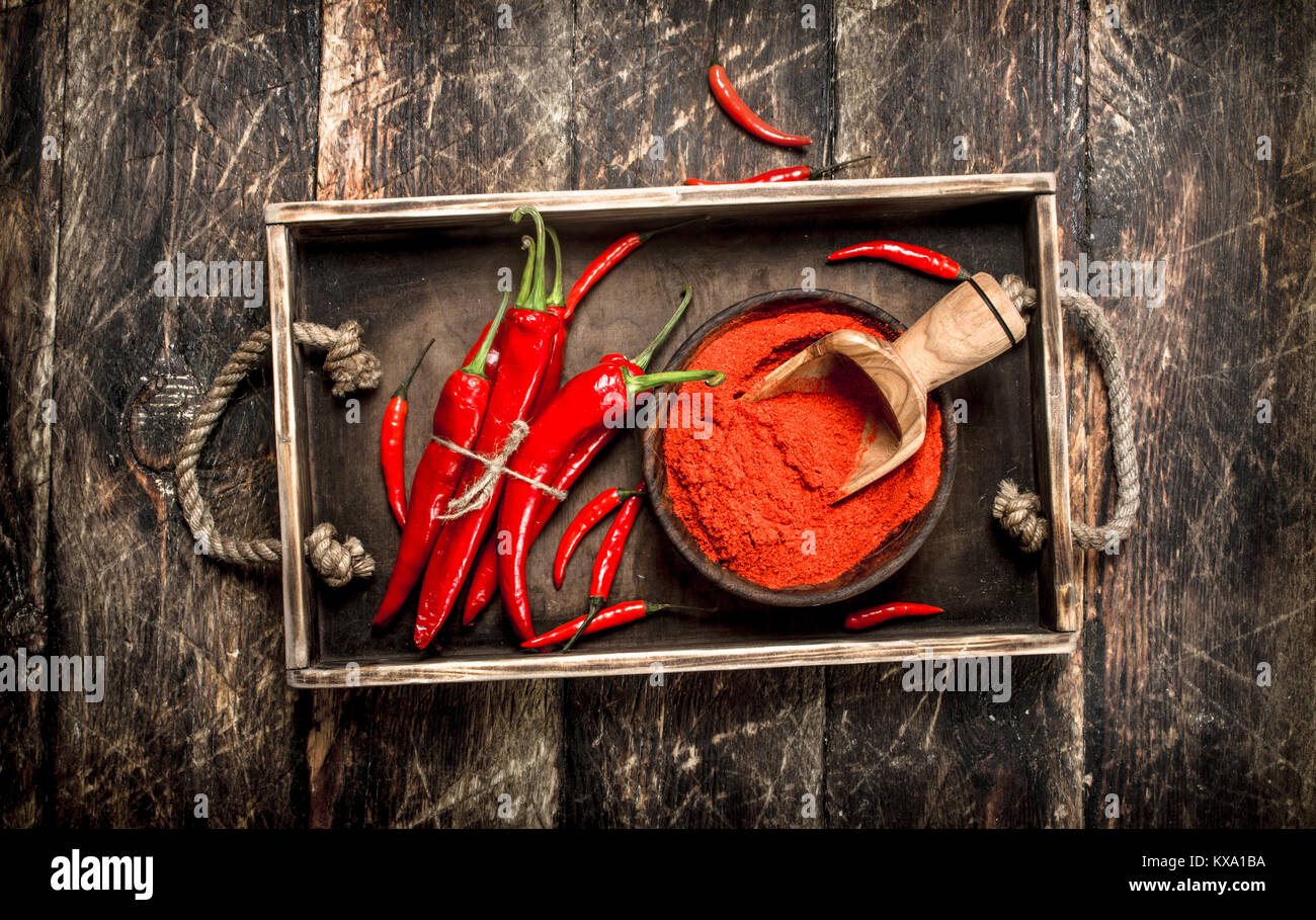 Ground hot chili pepper in a bowl. On a wooden background Stock Photo ...