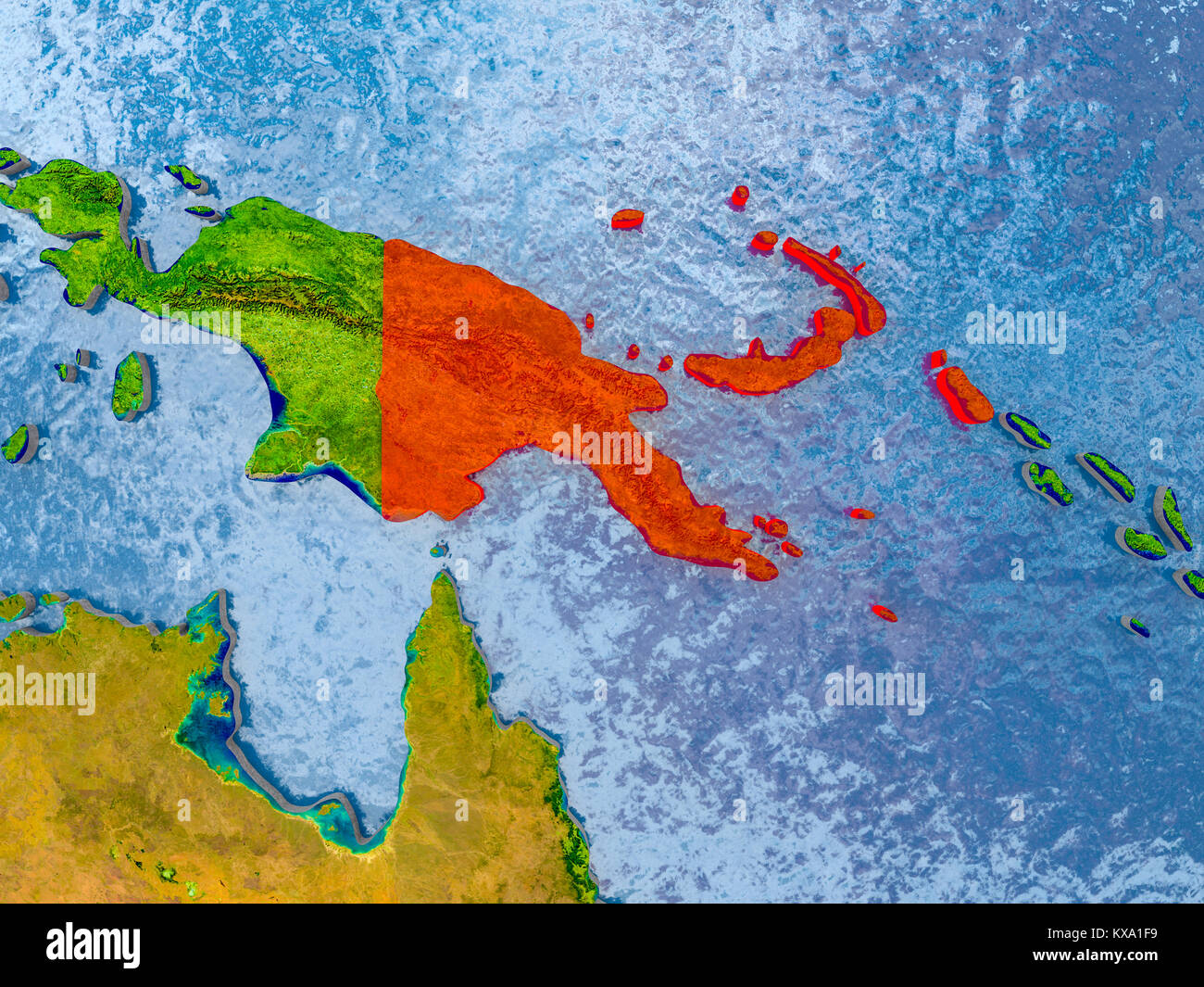 Papua New Guinea in red on realistic map with embossed countries. 3D ...