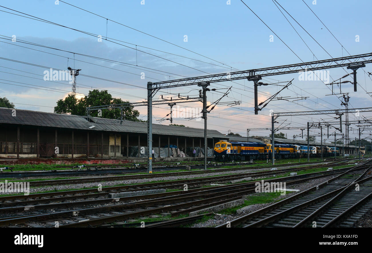 Varanasi, India - Jul 12, 2015. A train coming to railway station in ...