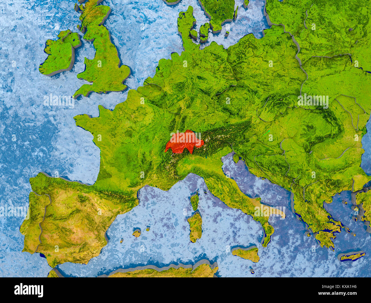 Switzerland in red on realistic map with embossed countries. 3D ...
