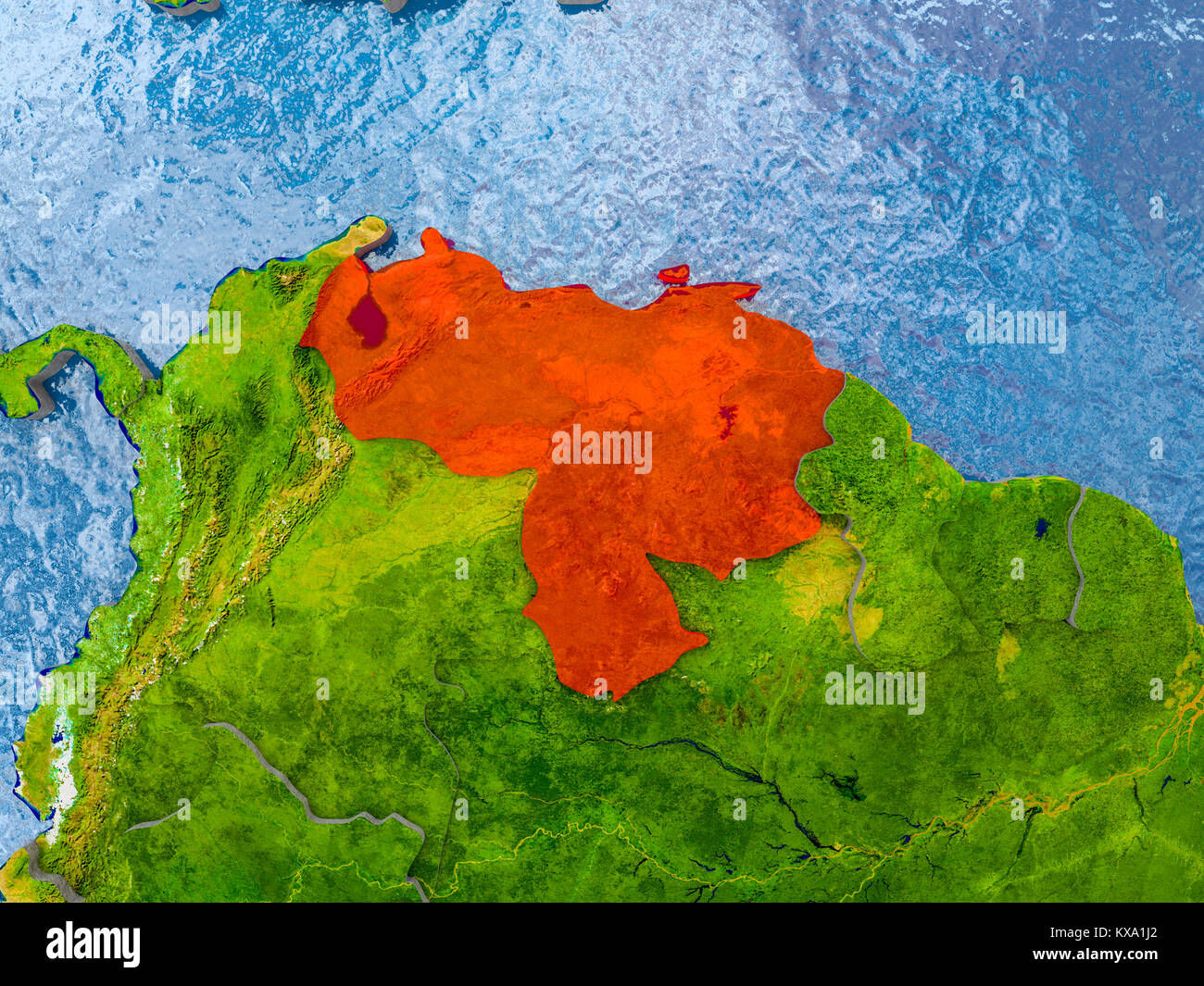 Venezuela in red on realistic map with embossed countries. 3D ...