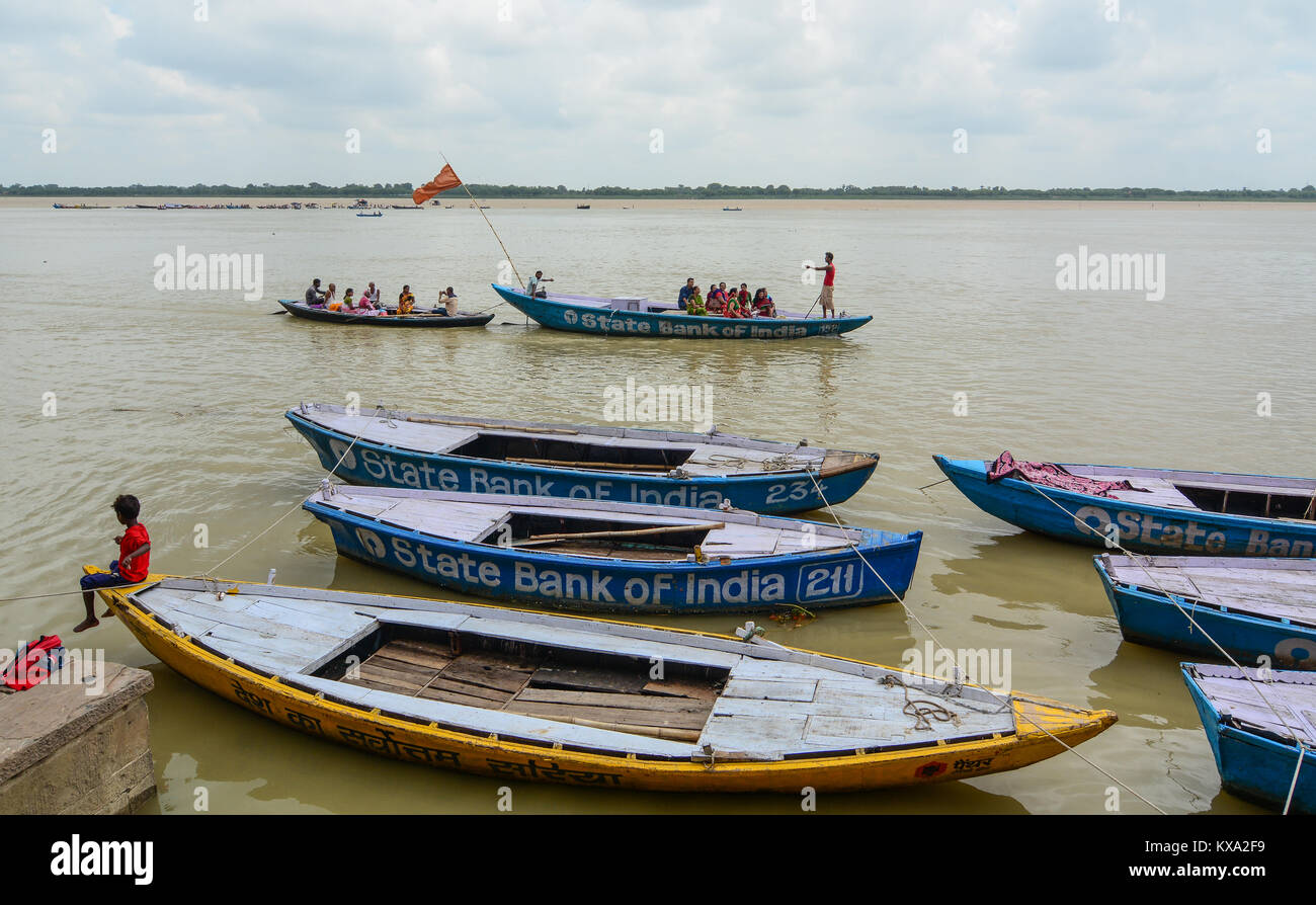 Varanasi, India - Jul 12, 2015. Tourist boats on Ganges River in ...