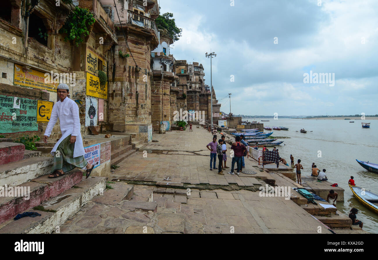 Varanasi, India - Jul 12, 2015. People walking on ghats in Varanasi ...
