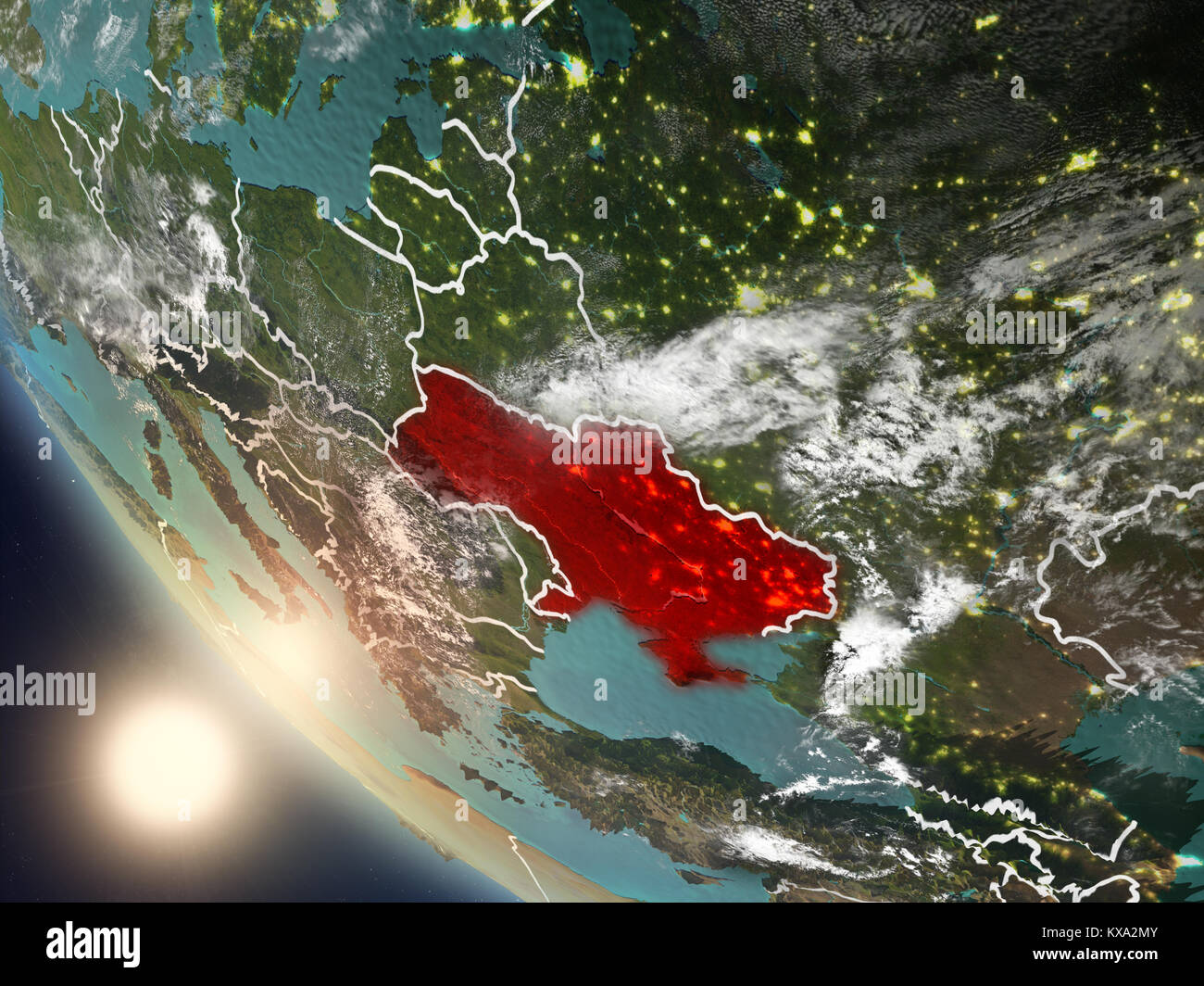 Illustration of Ukraine as seen from Earth’s orbit during sunset with ...