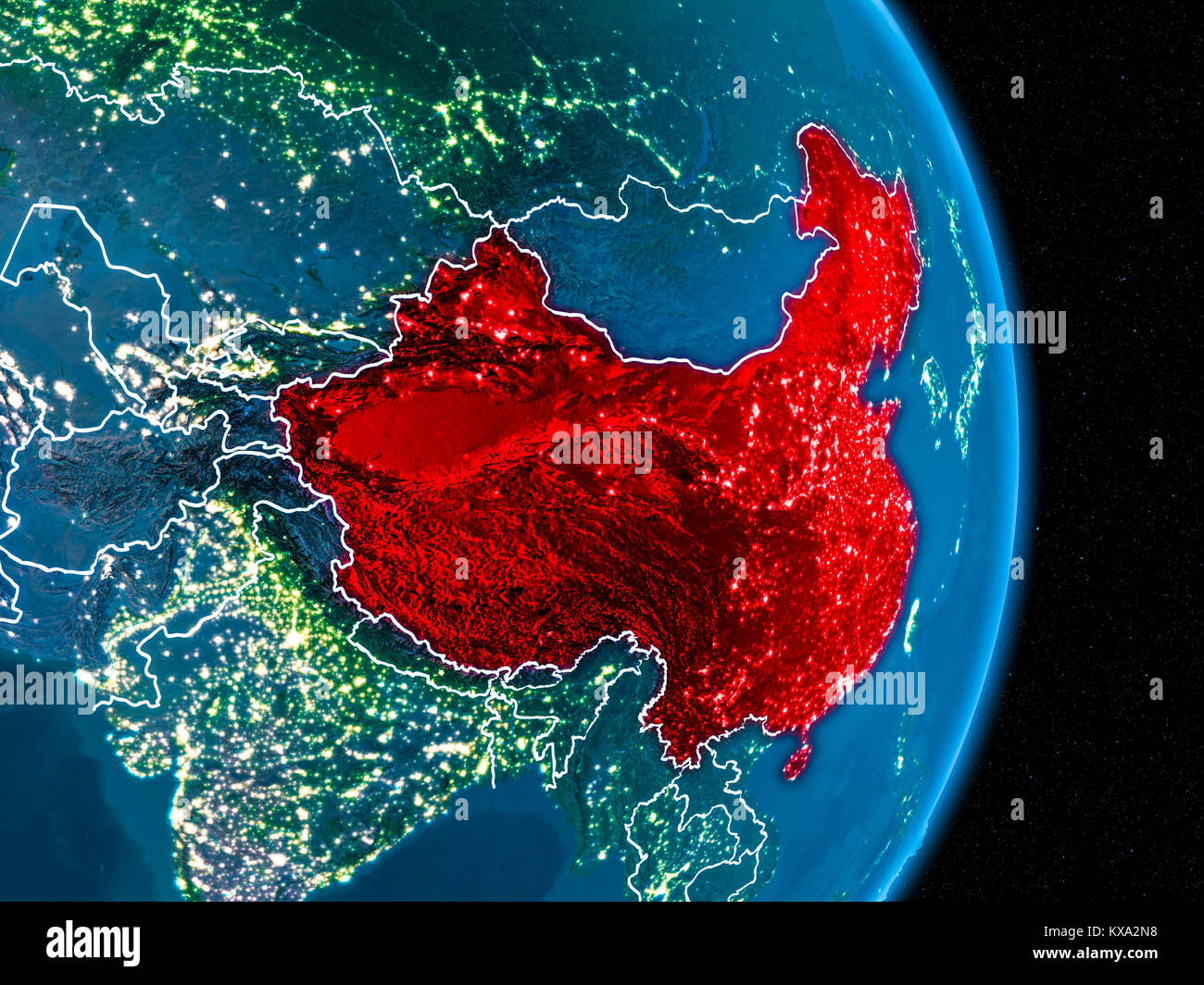 China from orbit of planet Earth at night with visible borderlines and ...