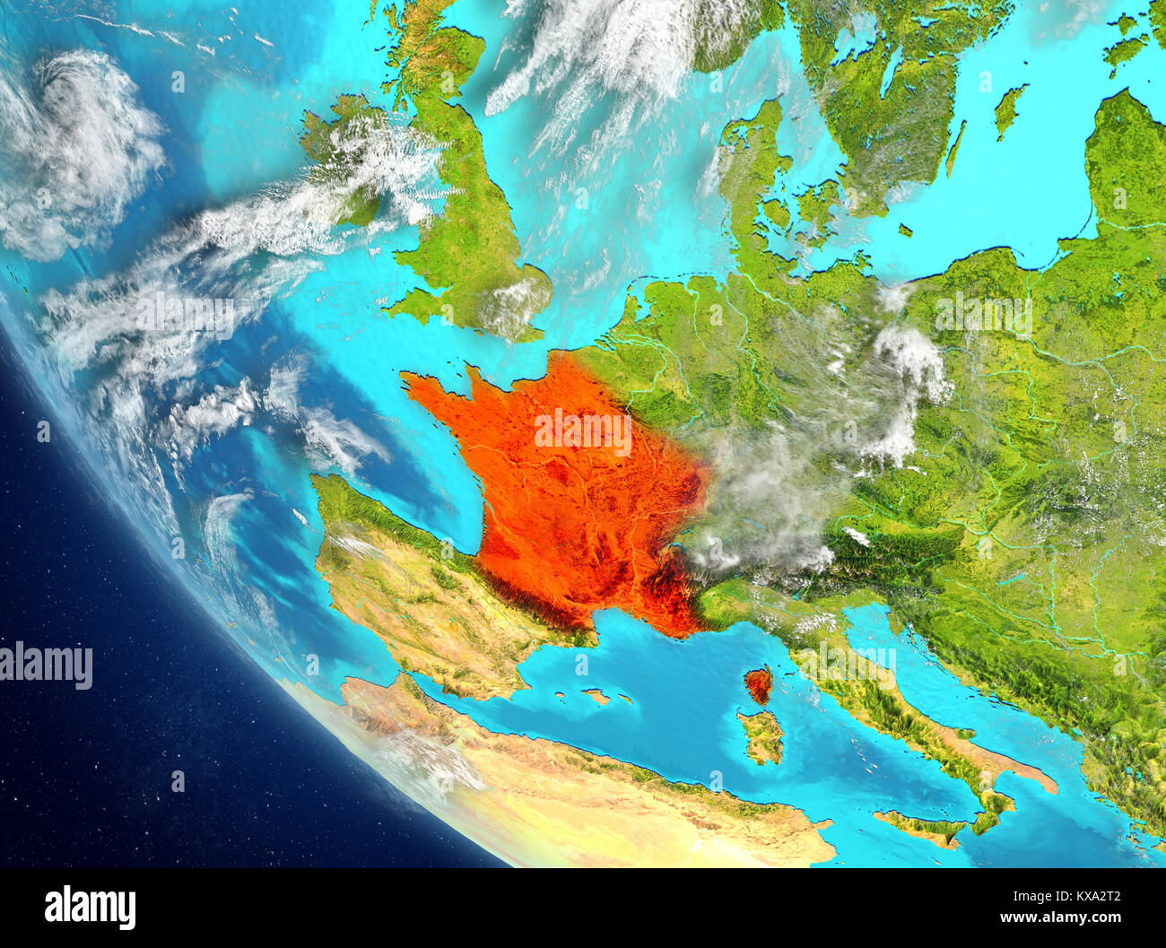 France from orbit of planet Earth with highly detailed surface textures ...