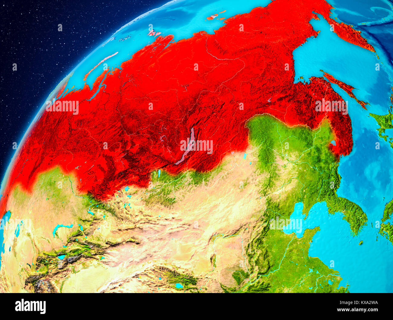 Orbit view of Russia highlighted in red on planet Earth. 3D ...