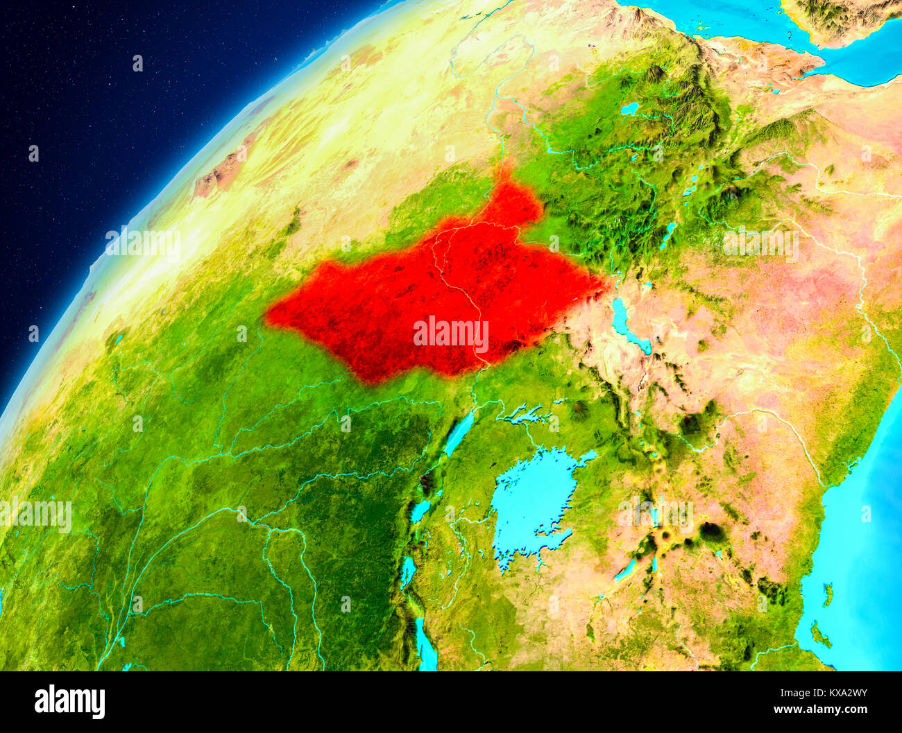 Orbit view of South Sudan highlighted in red on planet Earth. 3D illustration. Elements of this ...