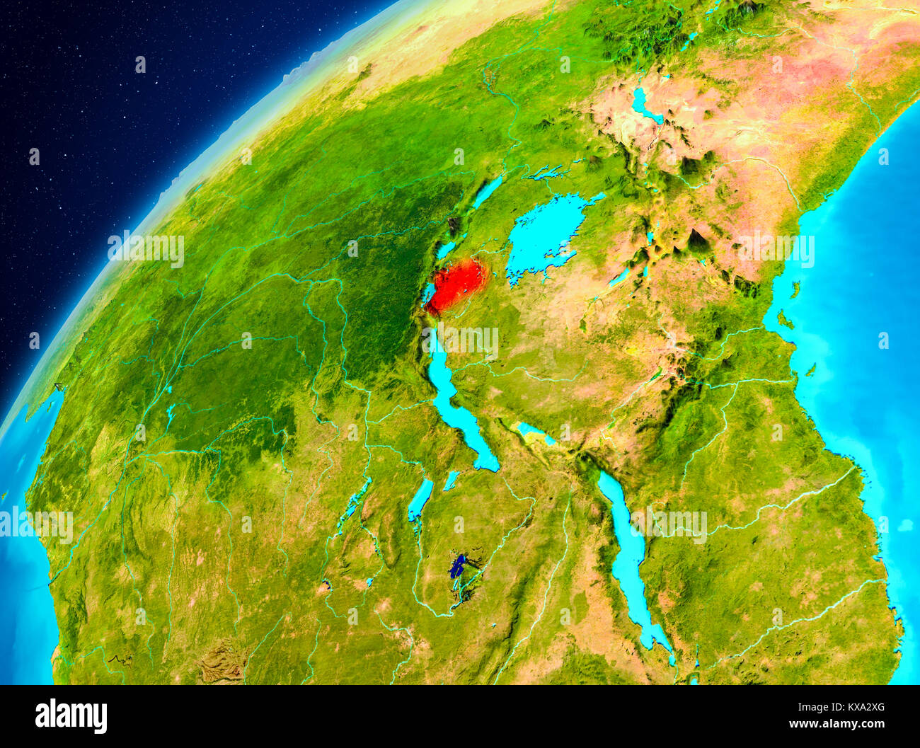 Orbit view of Rwanda highlighted in red on planet Earth. 3D illustration. Elements of this image ...