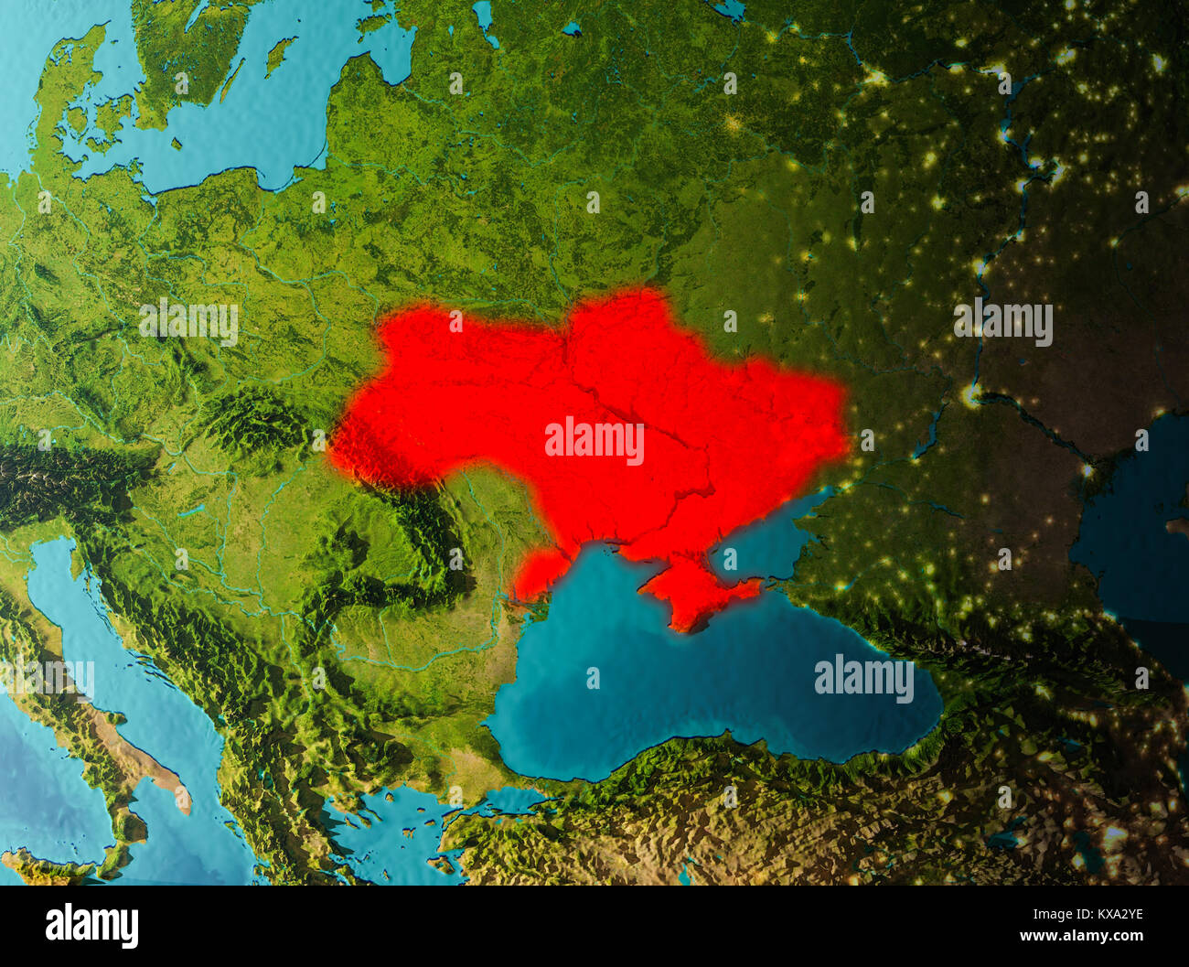 Ukraine in early morning light highlighted in red on planet Earth. 3D ...