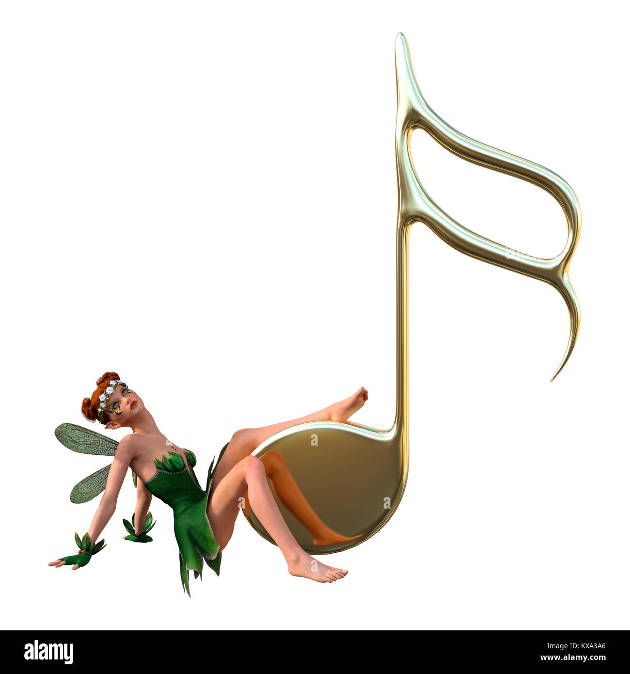 3D rendering of a green fairy with a music note isolated on white ...