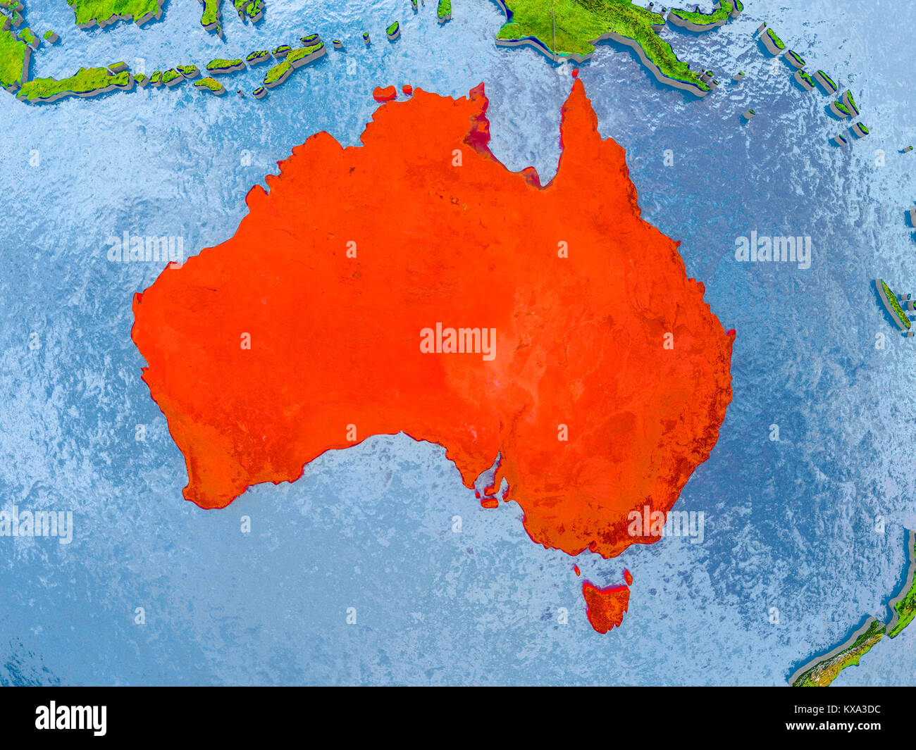 Australia in red on realistic map with embossed countries. 3D ...