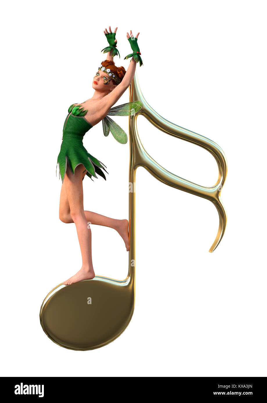 3D rendering of a green fairy standing on a music note isolated on ...