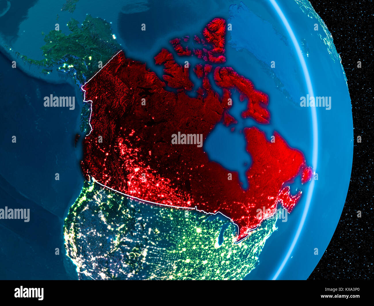 Canada from orbit of planet Earth at night with visible borderlines and ...