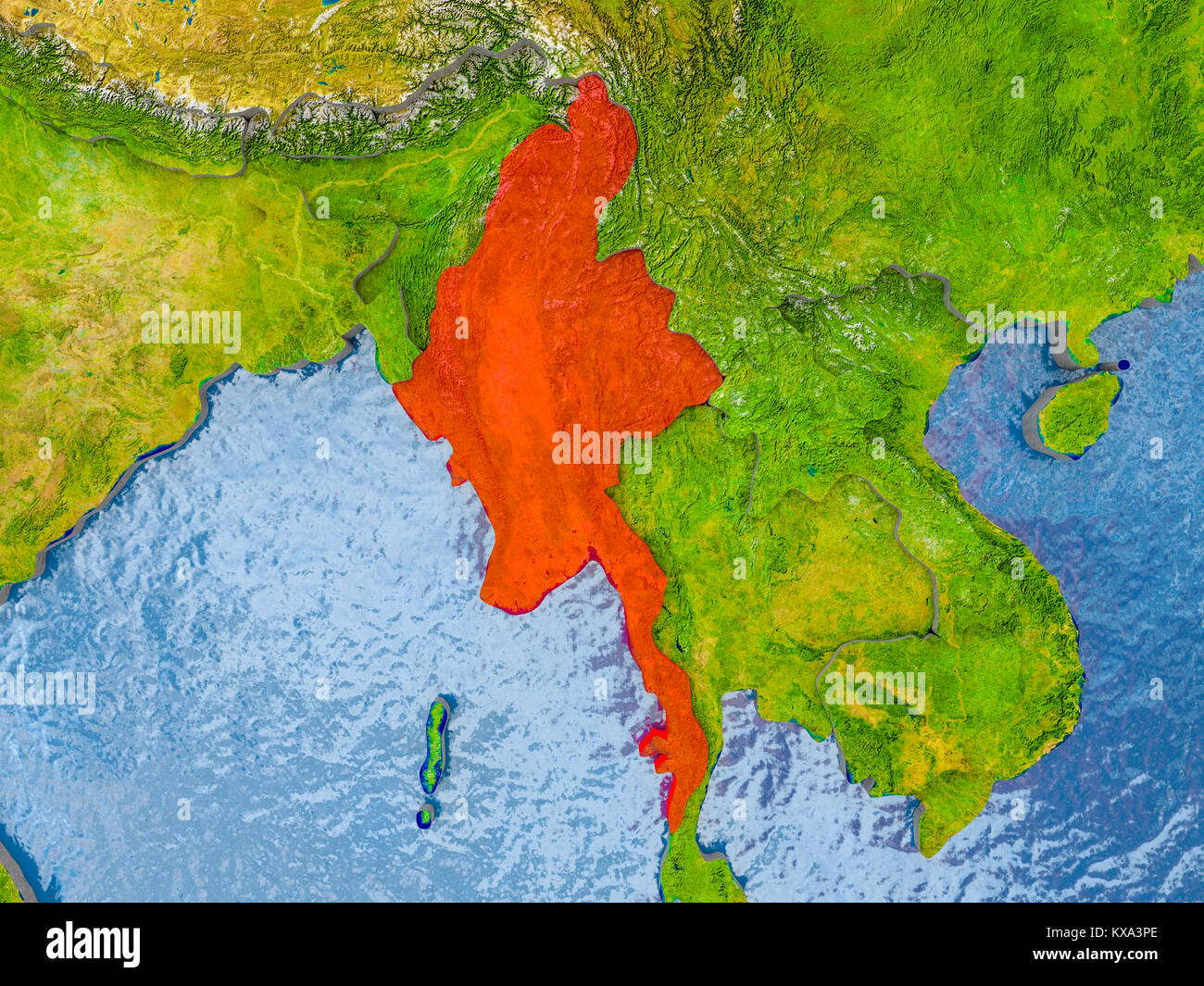 Myanmar in red on realistic map with embossed countries. 3D ...