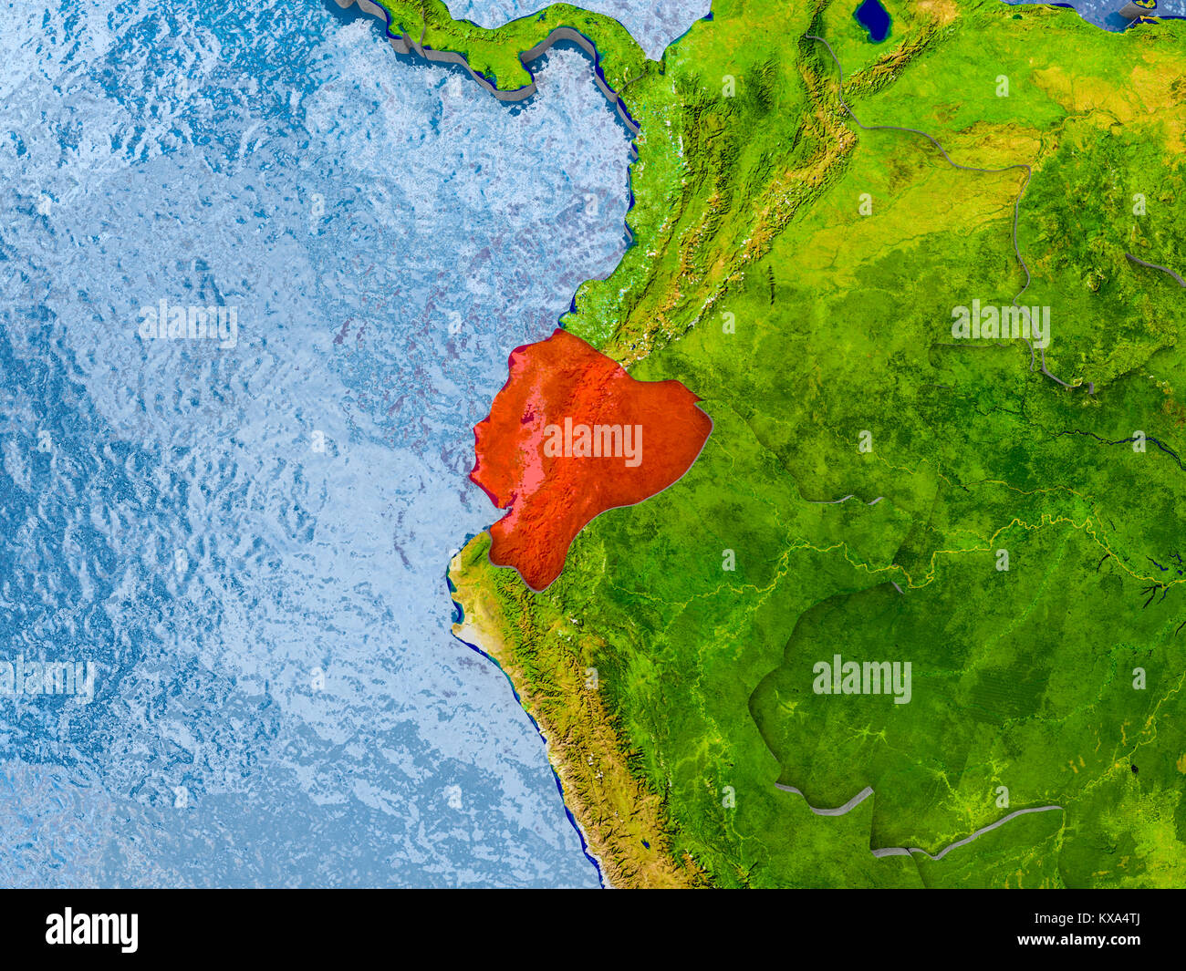 Ecuador in red on realistic map with embossed countries. 3D ...