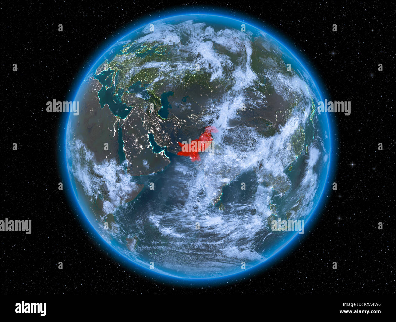 Night view of Pakistan highlighted in red on planet Earth with ...
