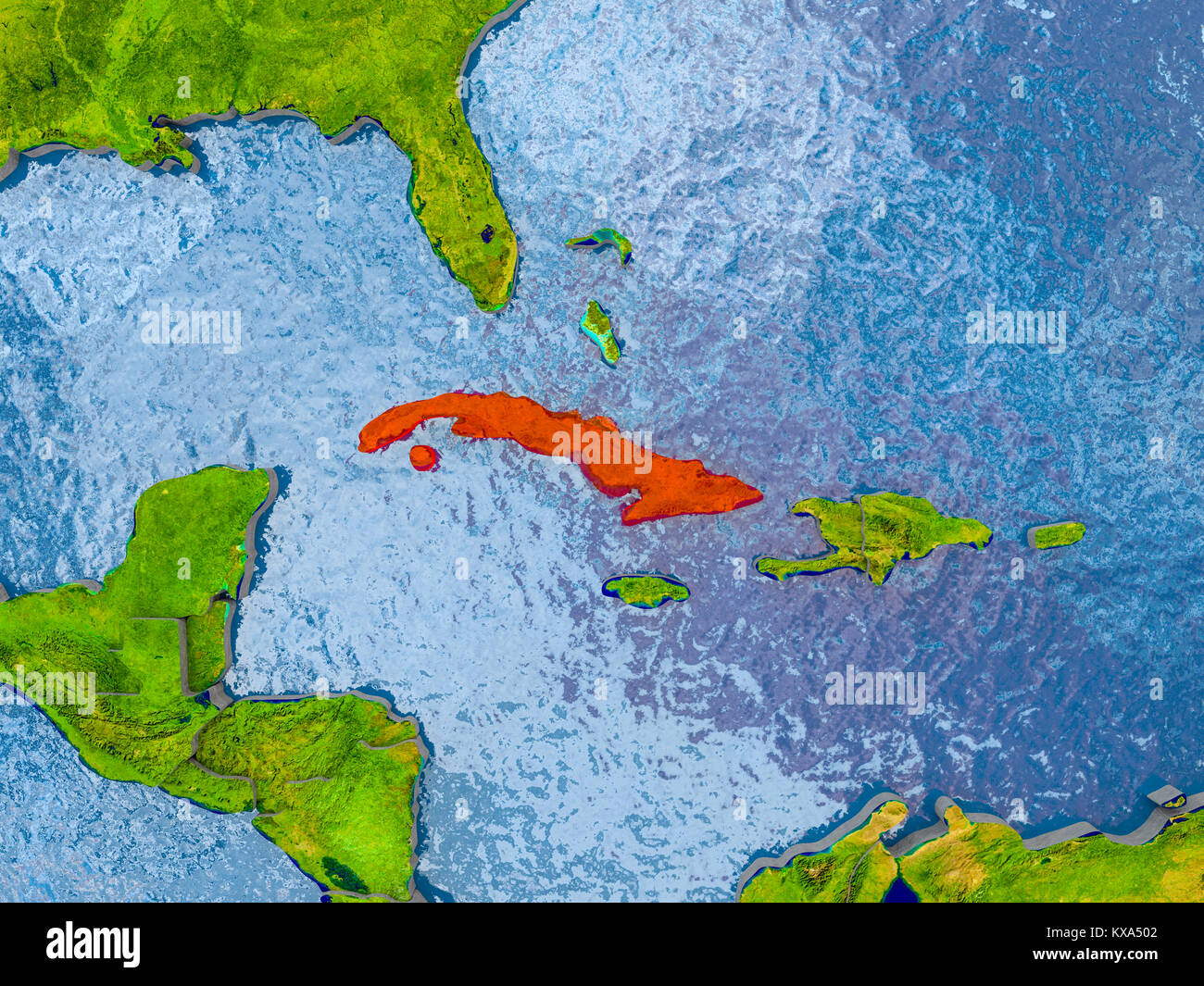 Cuba in red on realistic map with embossed countries. 3D illustration ...