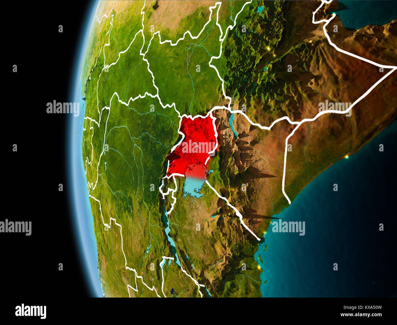 Evening over Uganda as seen from space on planet Earth with visible ...