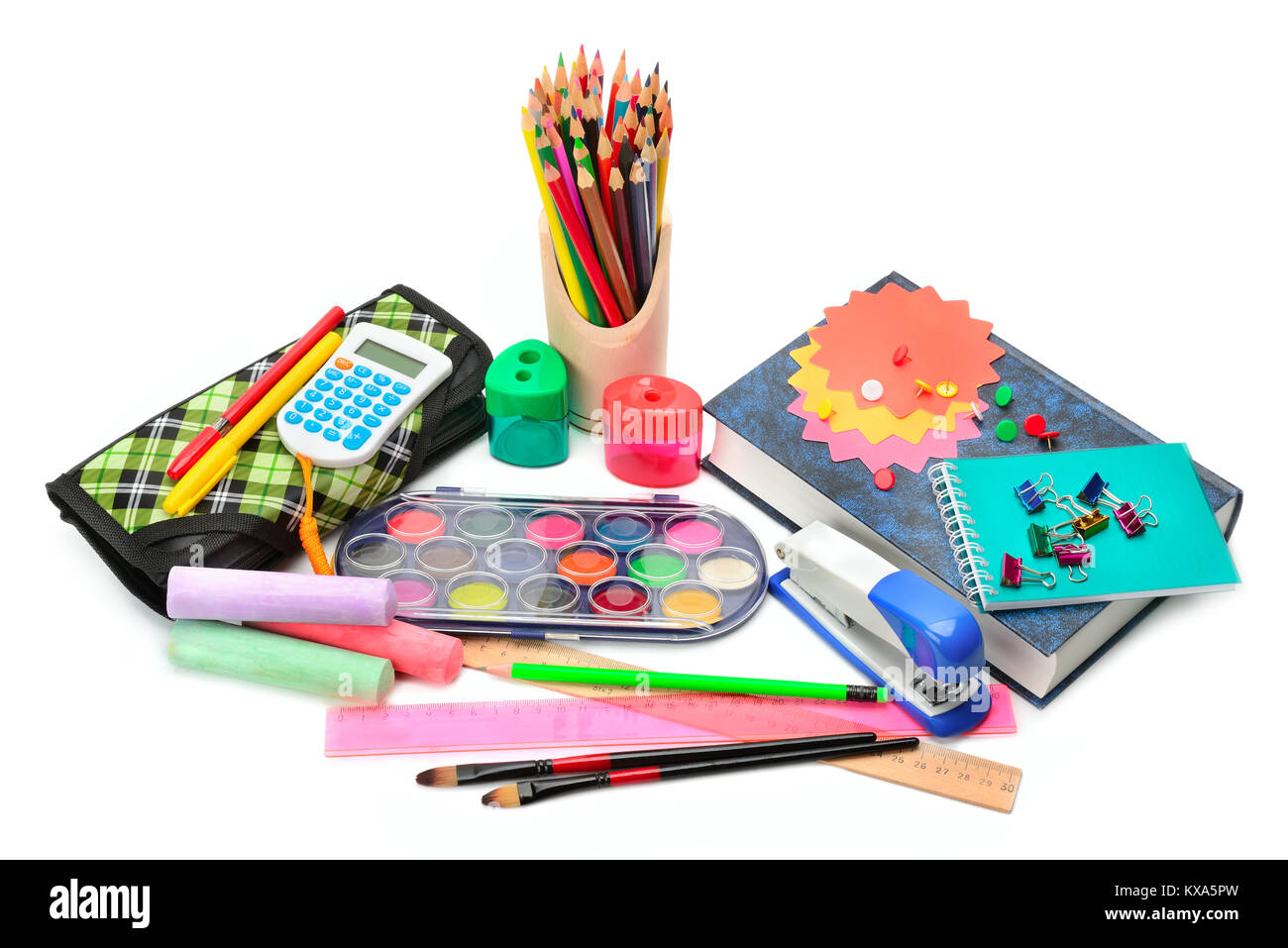 set of school supplies isolated on white background Stock Photo - Alamy
