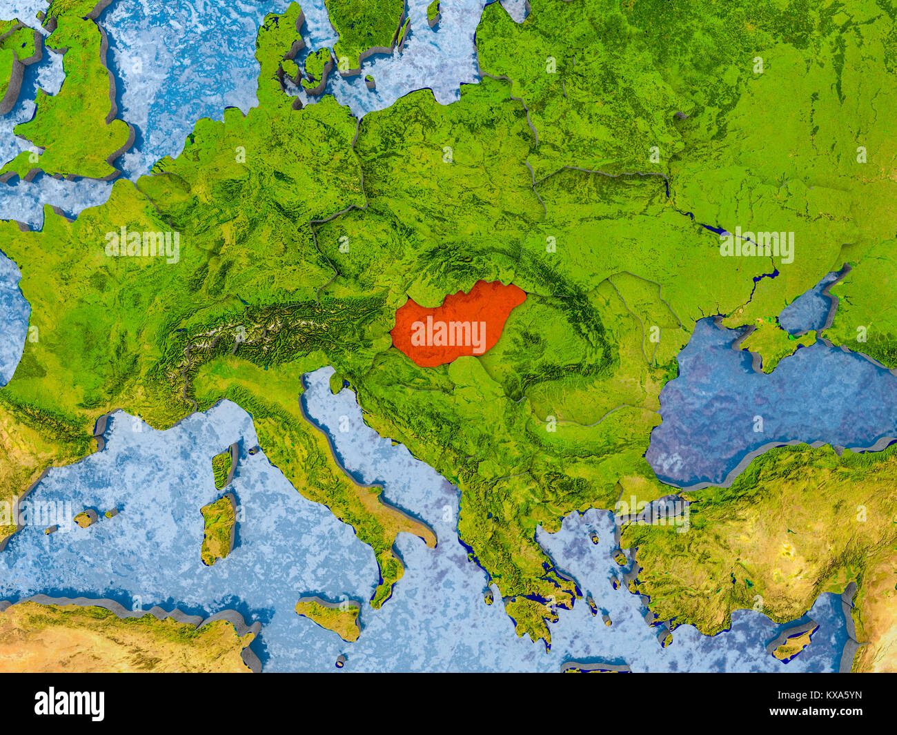 Hungary in red on realistic map with embossed countries. 3D ...