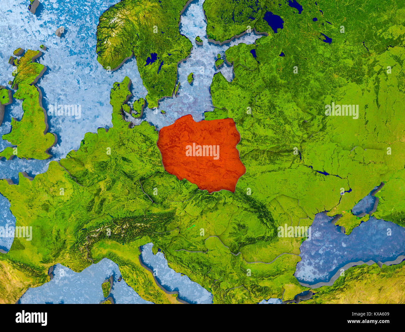 Poland in red on realistic map with embossed countries. 3D illustration ...