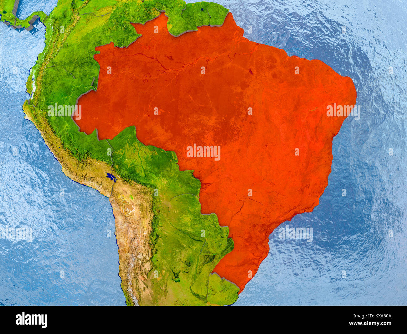 Brazil in red on realistic map with embossed countries. 3D illustration ...