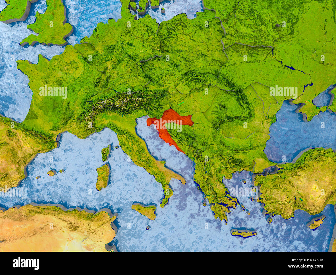 Croatia in red on realistic map with embossed countries. 3D ...