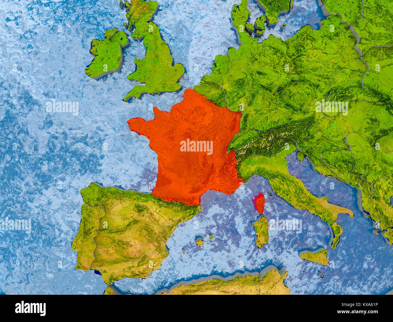 France in red on realistic map with embossed countries. 3D illustration ...