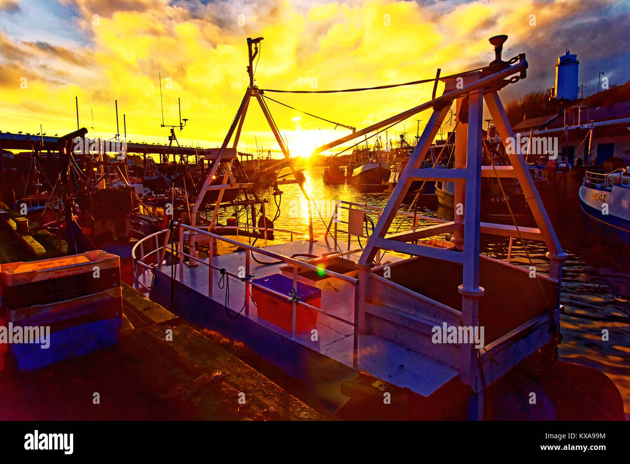 North Shields fish quay and fishing boats at sunset Stock Photo - Alamy